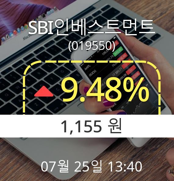 (코스닥상승)오후 1시 40분 SBI인베스트먼트(019550) 9.48% 소폭 상승